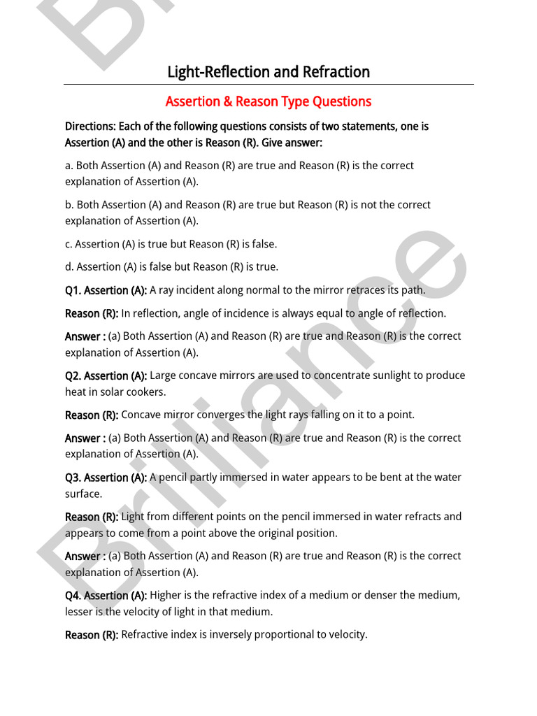 Light Assertion and Reasoning | PDF | Mirror | Electrodynamics