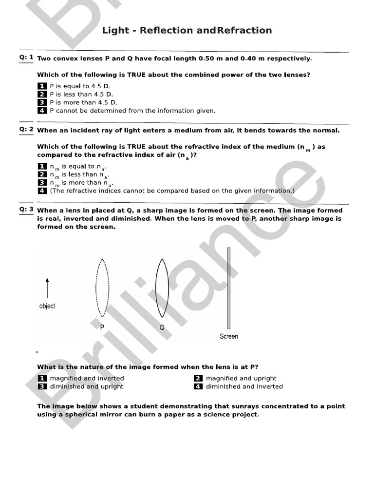 Light Reflection and Refraction Test Answers | PDF