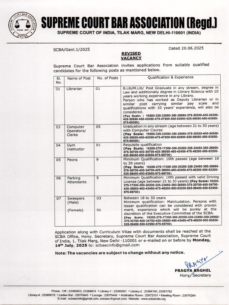 SCBA Revised Vacancy Notice Dated 20.06.2025 | PDF
