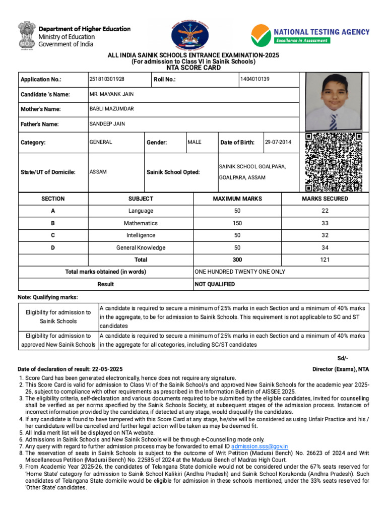 All India Sainik Schools Entrance Exam - Aissee - 2025 - India | PDF