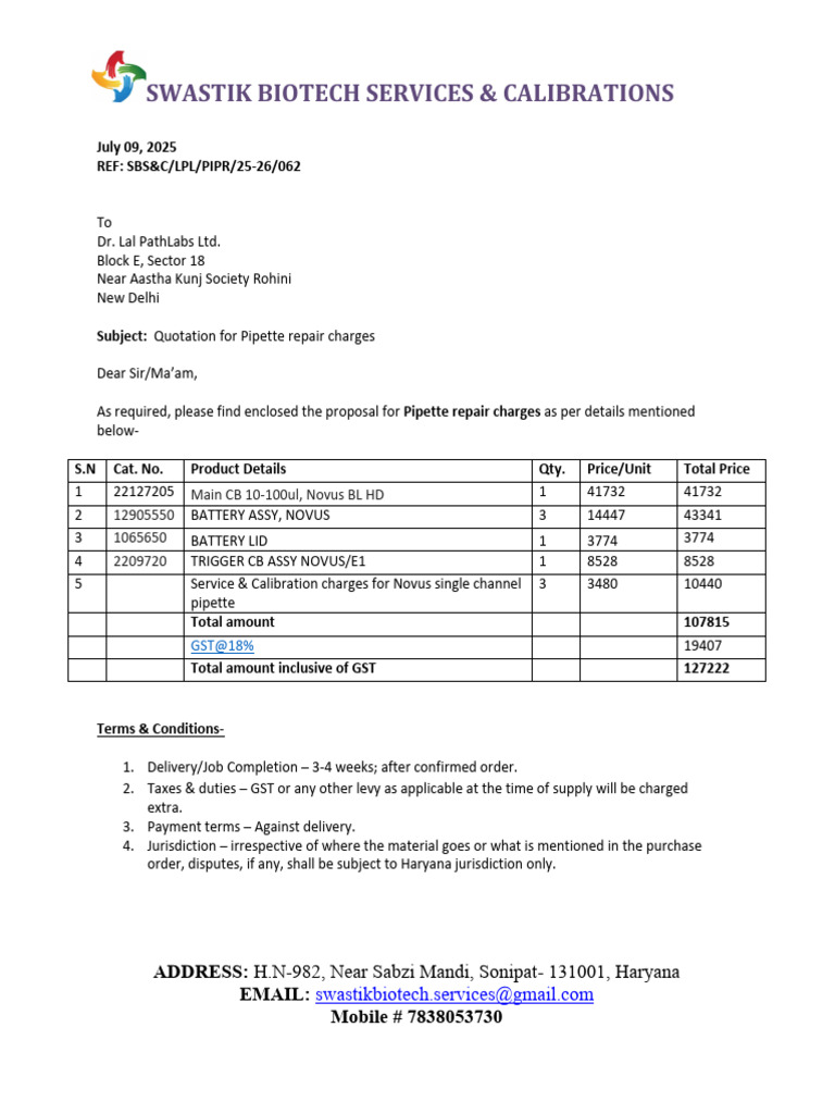 Quotation For Pipette Repair Charges - Lal Path Lab | PDF | Government | Taxes