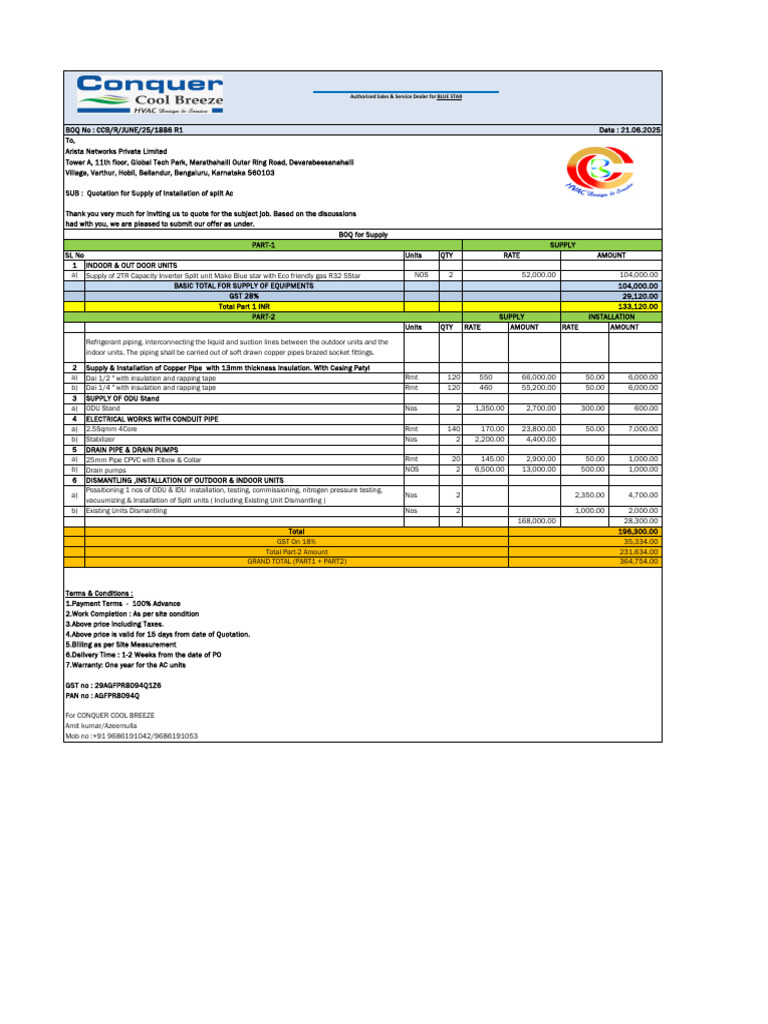 Quote - 2 TR Split AC For BMS Room BLR Office | PDF | Home Appliance ...
