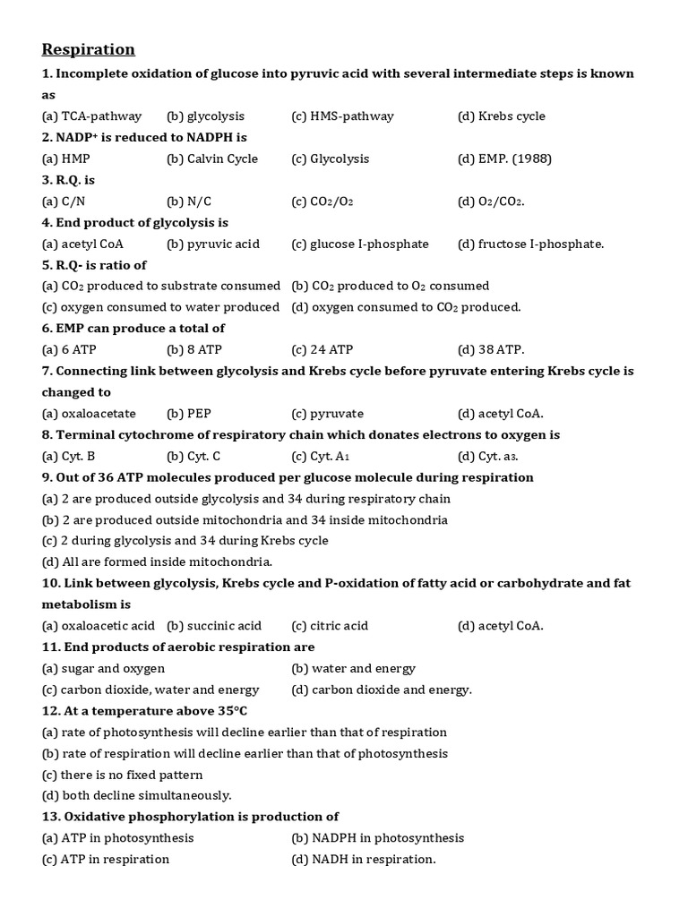 (Chapter-4) Respiration (Sem-III) (35 Marks) | PDF | Cellular ...