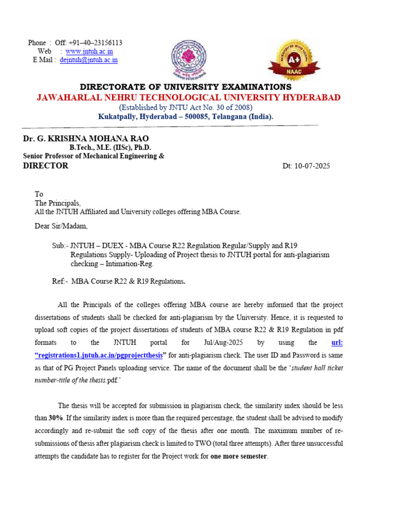 JNTUH MBA Reg Sup Notification For Project Thesis Uploading Jul Aug 2025 | PDF | Thesis | Academia