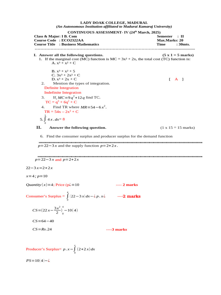 ECO2322AA - Business Mathematics CA IV Question Paper | PDF | Economic Surplus | Demand