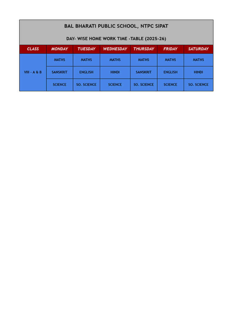 2025-26 Homework Timetable for Class VIII | PDF