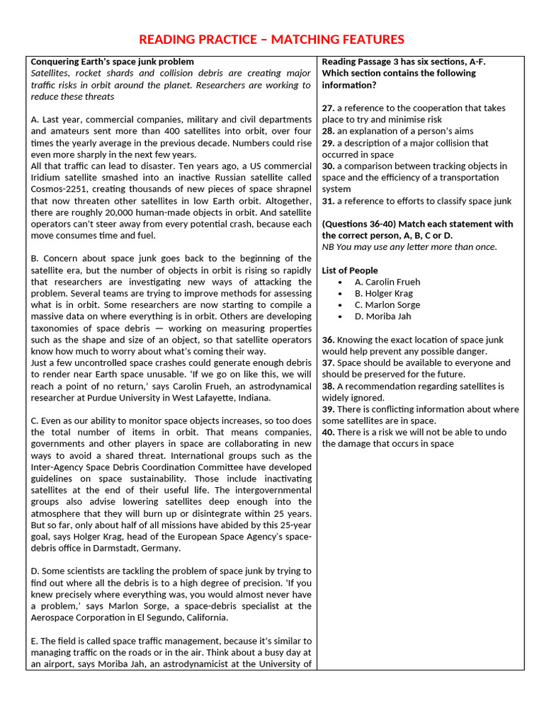 Reading Practice - Matching Info+Features - Level F | PDF | Space Debris | Satellite