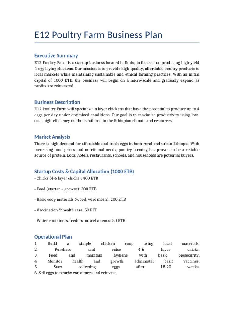 E12 Poultry Farm Business Plan Overview | PDF | Poultry Farming | Chicken