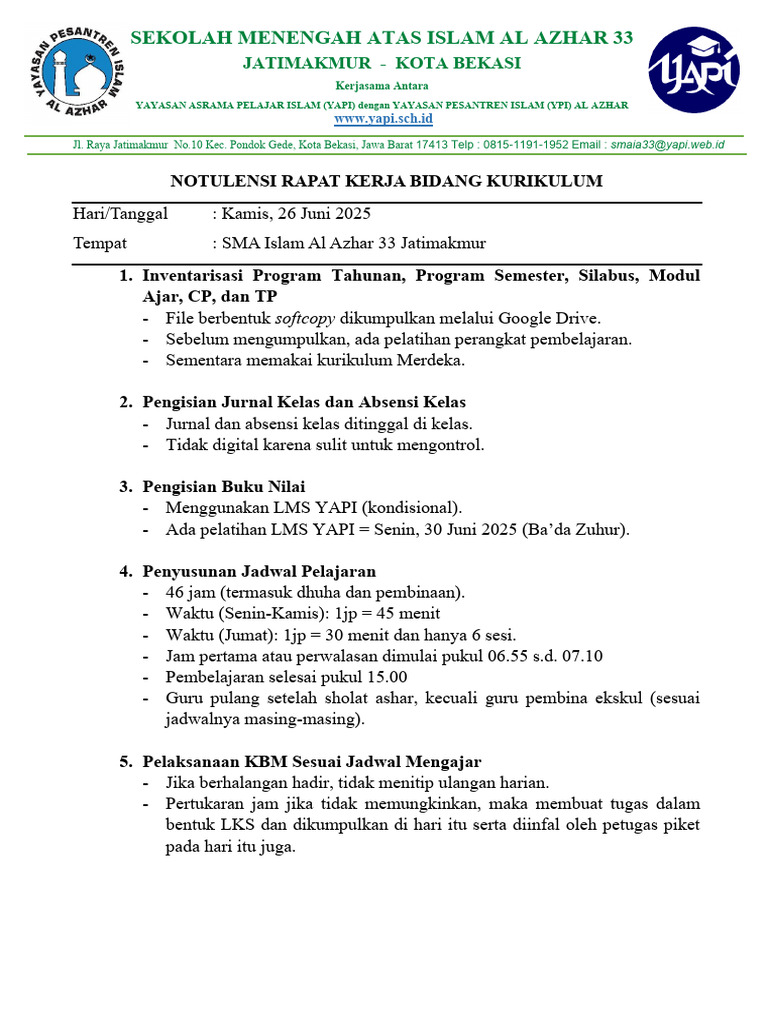 Notulensi Bidang Kurikulum (Raker 2025) | PDF