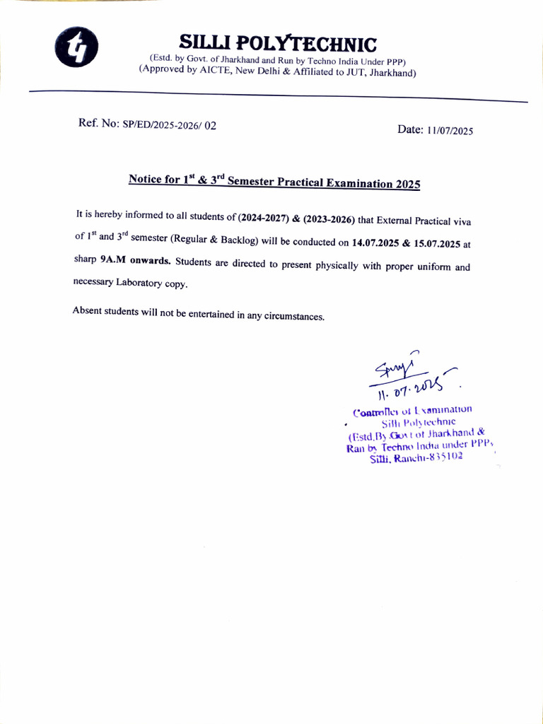 Silli Polytechnic Practical Exam Notice 2025 | PDF