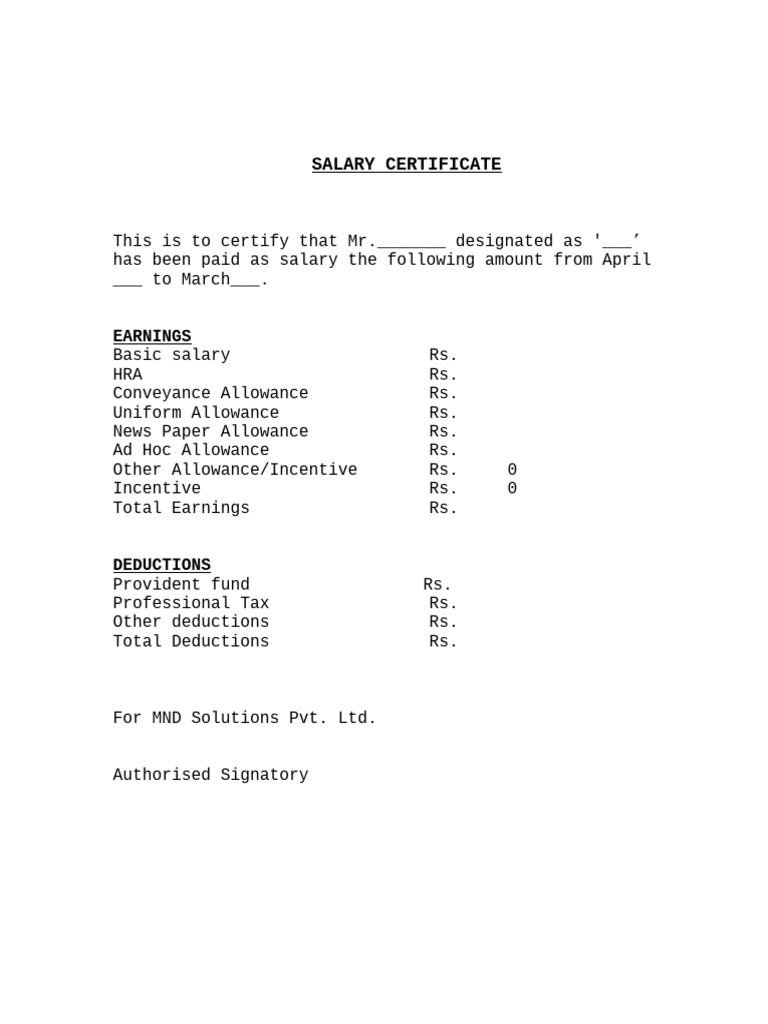 Format of Salary Certificate | PDF