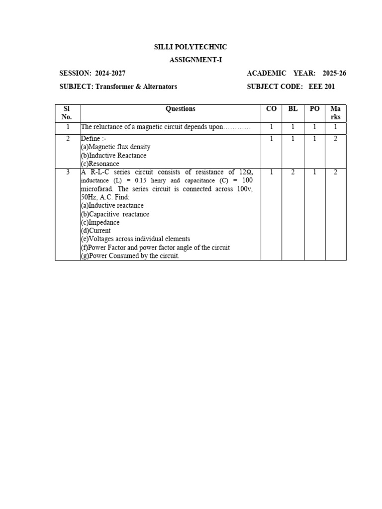 Transformer & Alternator Assignment-1 As NEP | PDF