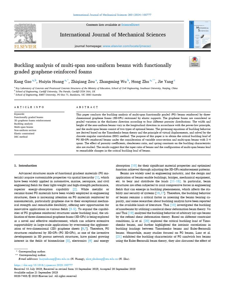 Buckling Analysis of Multi-Span Non-Uniform Beams With Functionally Graded Graphene-Reinforced ...