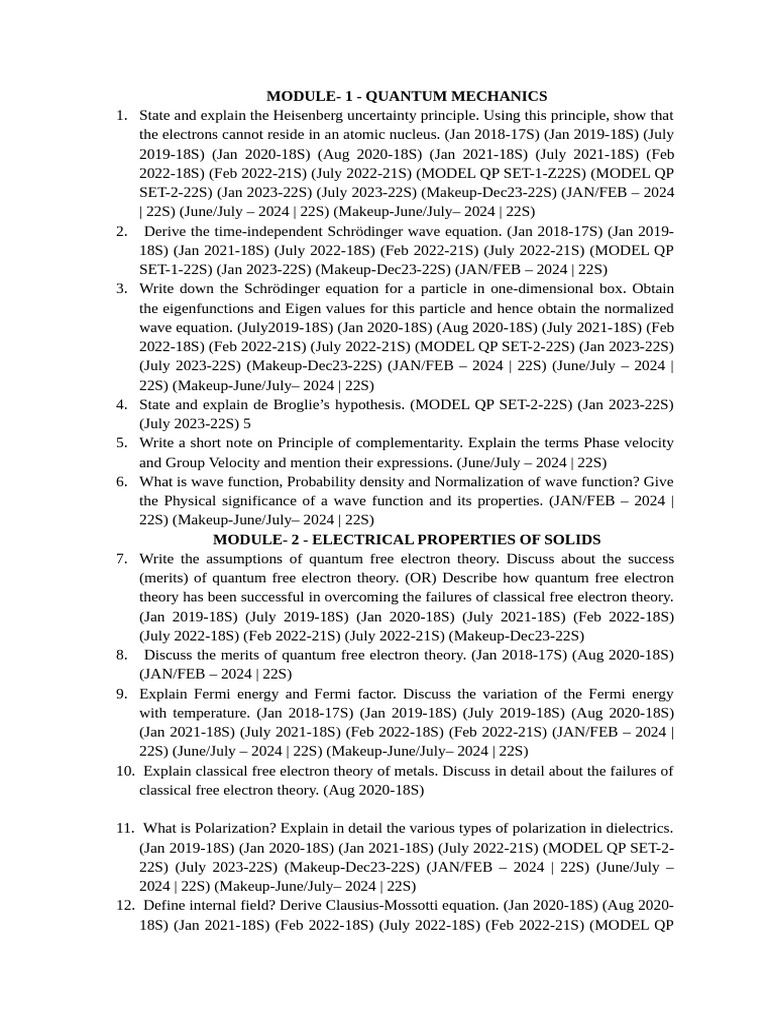 Previous Year Questions | PDF | Superconductivity | Schrödinger Equation