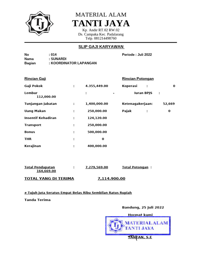 Slip Gaji Karyawan Sunardi Juli 2022 | PDF