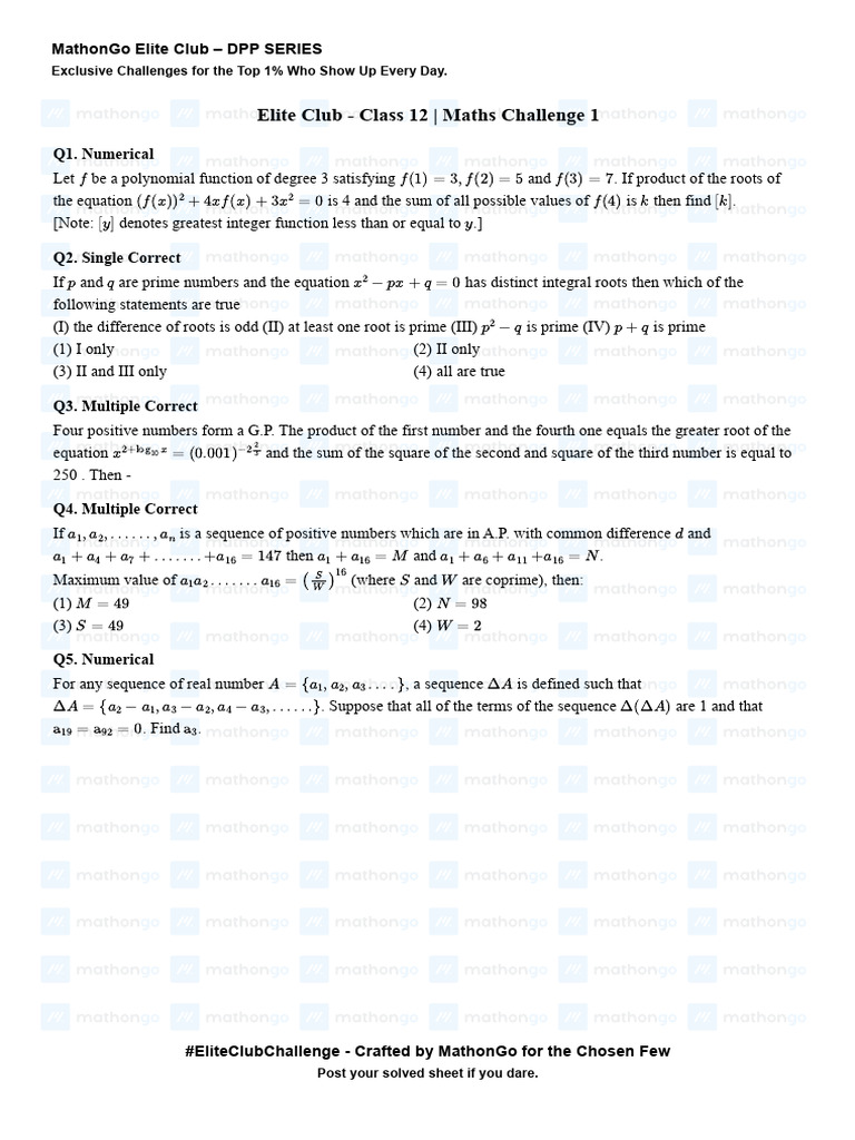 Elite Club - Class 12 - Maths Challenge 1 Questions | PDF | Prime Number | Numbers