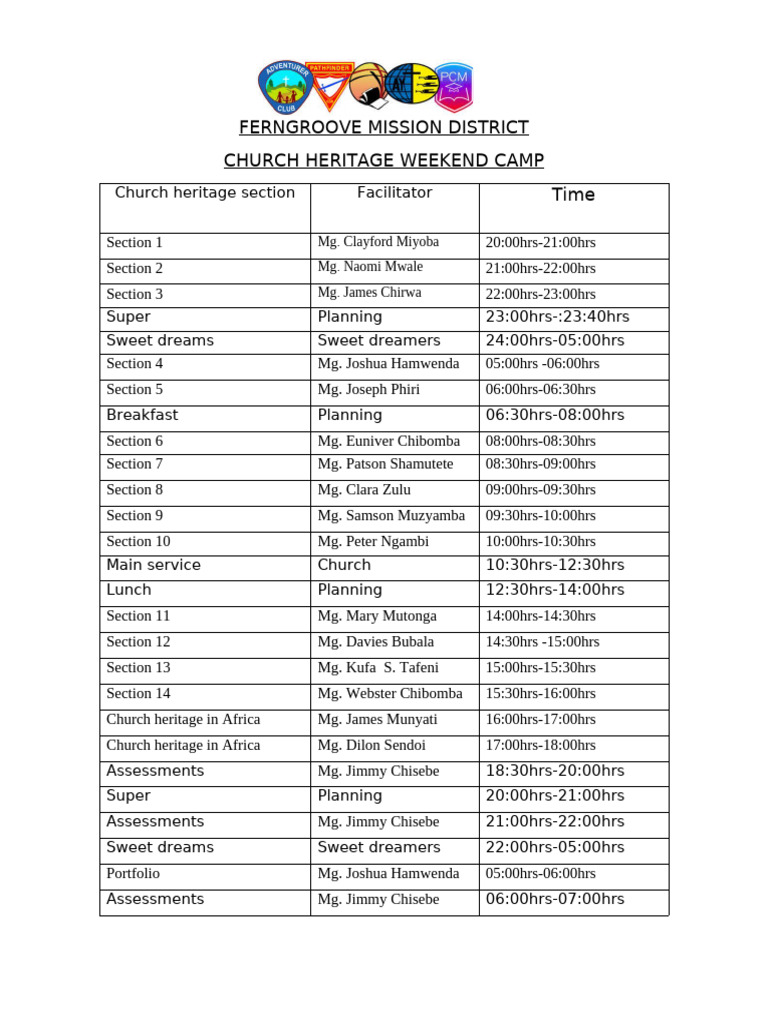 Church Heritage Weekend Camp Schedule | PDF