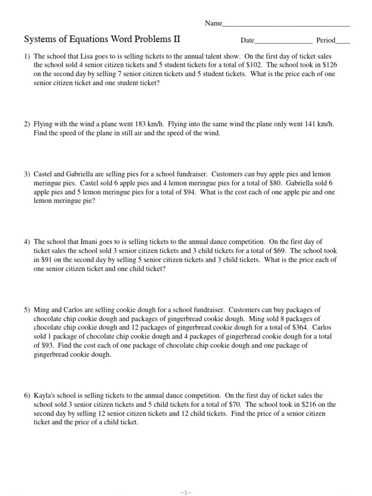 Systems of Equations Word Problems II | PDF | Bus | Snack Food