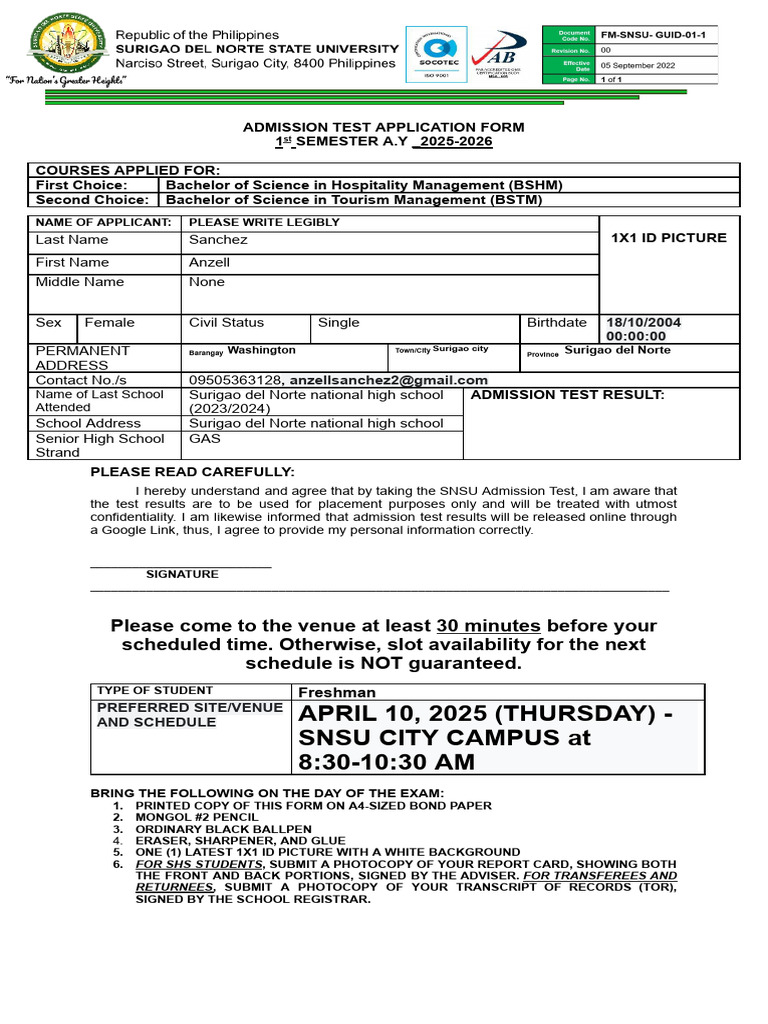 Sanchez Anzell 2025-2026 Admission Test Application Form | PDF
