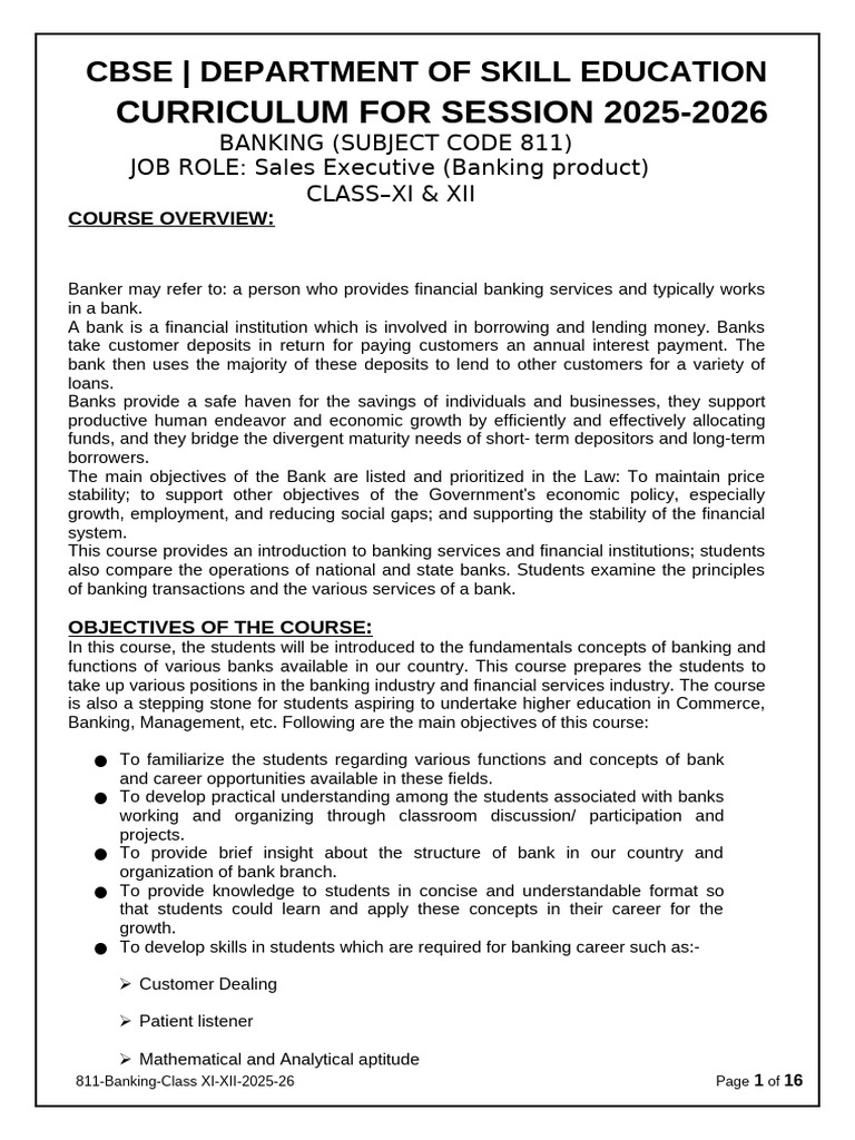 Class 12 Banking Curriculum 2025-26 | PDF | Banks | Reserve Bank Of India