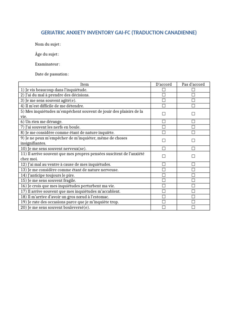 Geriatric Anxiety Inventory GAI-FC | PDF