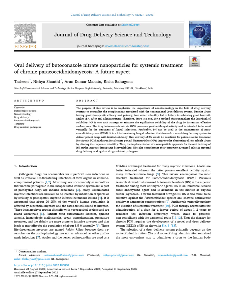 Butoconazole Nitrate Nanoparticles For Systemic Treatment of Chronic ...