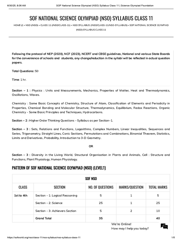 SOF National Science Olympiad (NSO) Syllabus Class 11 - Science Olympiad Foundation | PDF ...