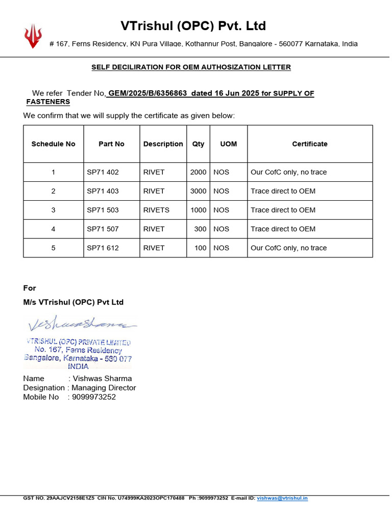 Oem Authorization Letter - Hal Nas Fasteners - 16 Jun 2025 | PDF
