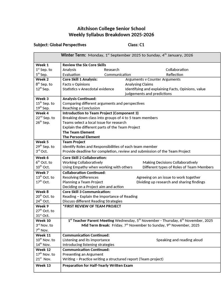 C1 Global Perspectives Weekly Syllabus Breakdown 2025-26 | PDF | Cognition