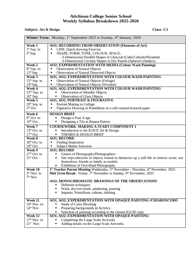C1 Art Weekly Syllabus Breakdown 2025-26 | PDF | Paintings | Drawing