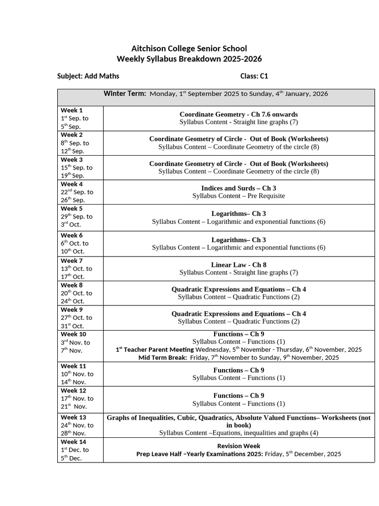 C1 Add Maths Weekly Syllabus Breakdown 2025-26 | PDF | Trigonometry ...