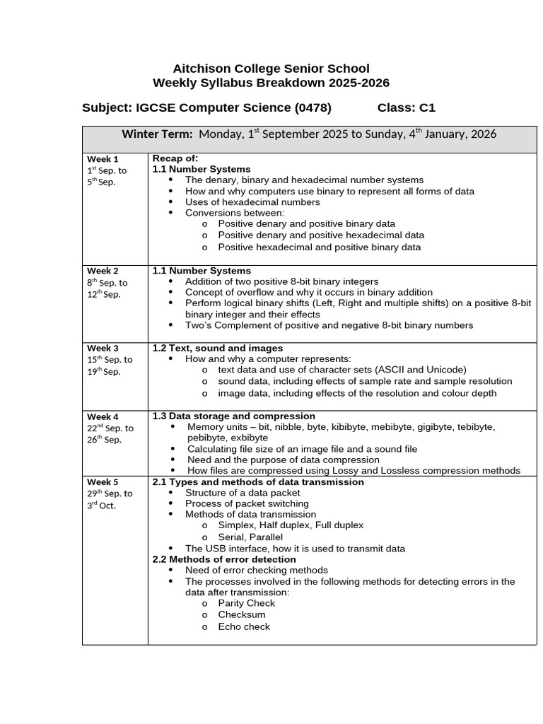C1 Computer Science Weekly Syllabus Breakdown 2025-26 | PDF | Central Processing Unit | Byte