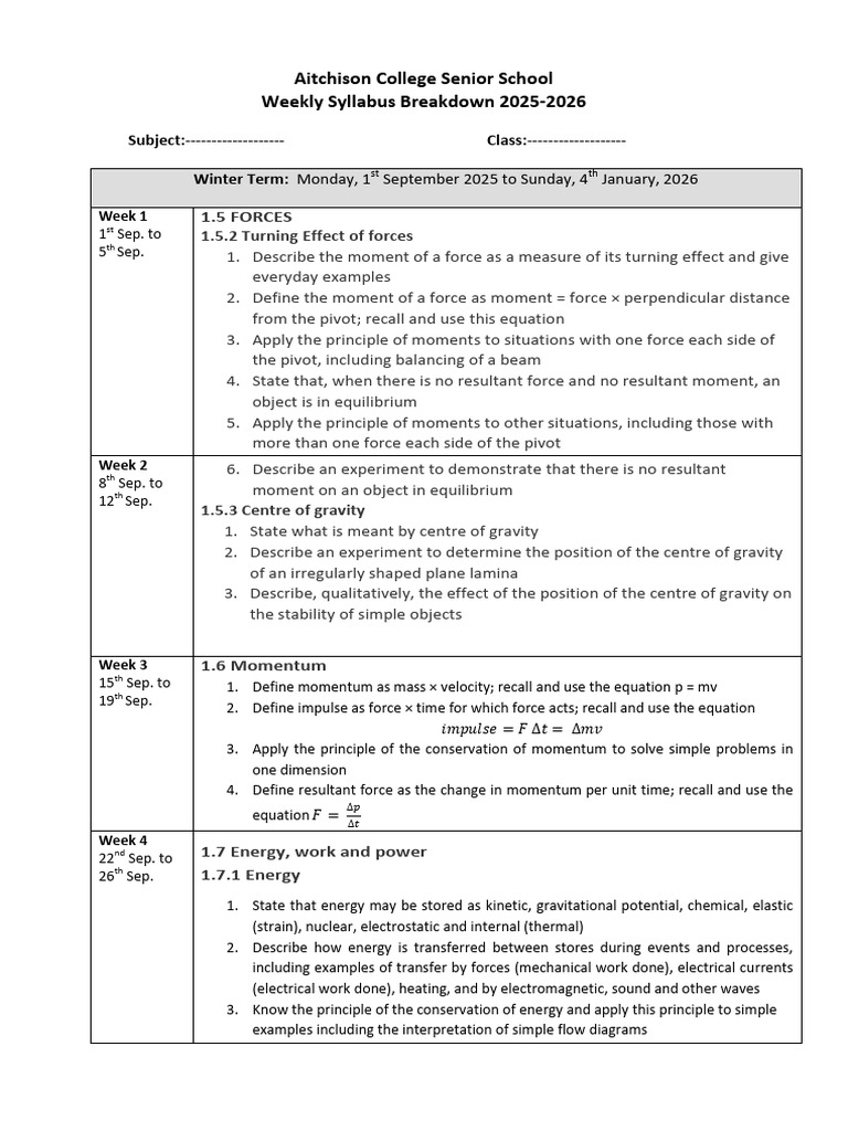 C1 Physics Weekly Syllabus Breakdown 2025-26 | PDF | Gases | Waves
