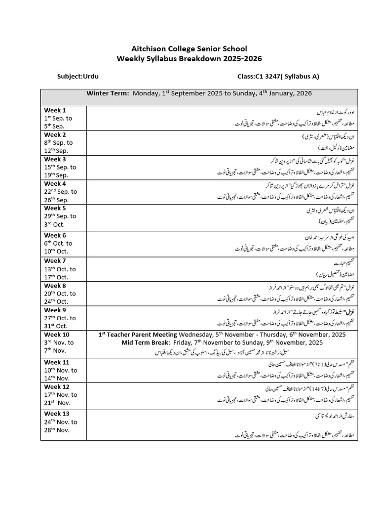C1 Urdu A 3247 Weekly Syllabus Breakdown 2025-26 | PDF
