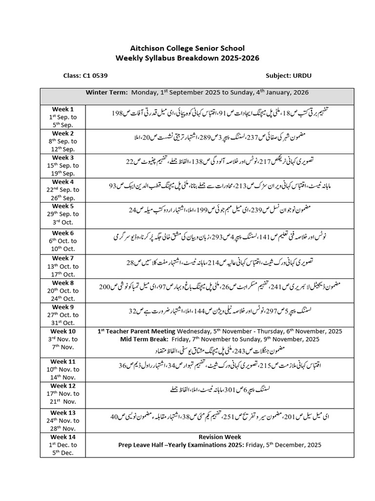 C1 Urdu IGCSE 0539 Weekly Syllabus Breakdown 2025-26 | PDF