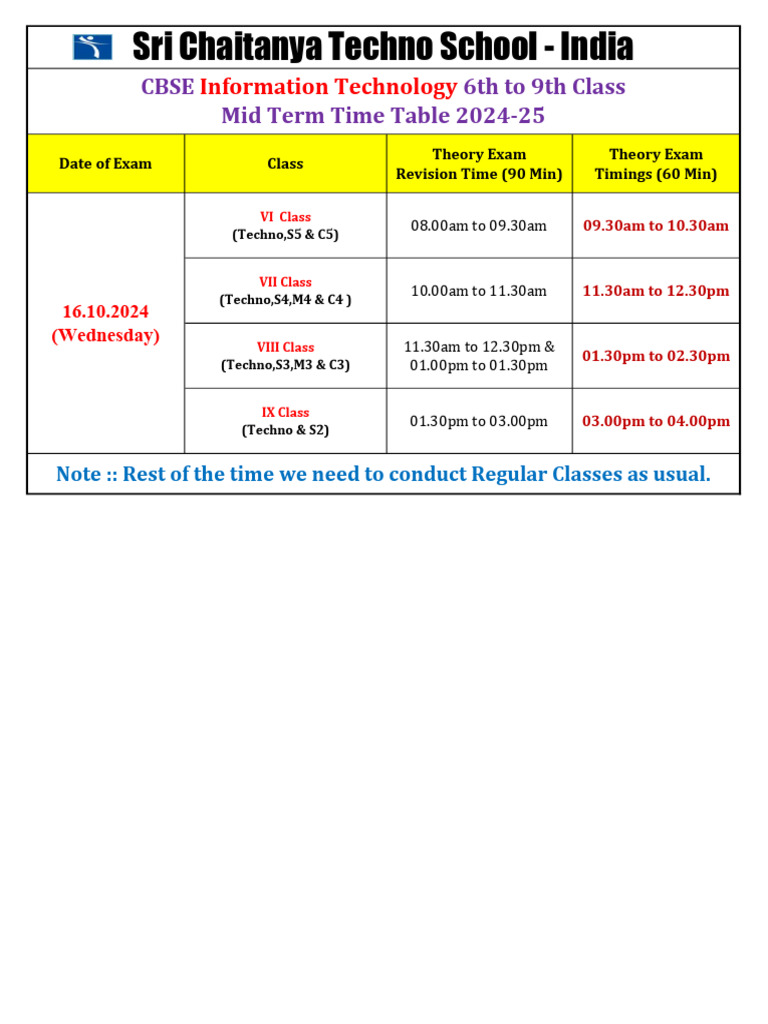 CBSE Information Technology 6th To 9th Class Mid Term Time Table 2024 ...