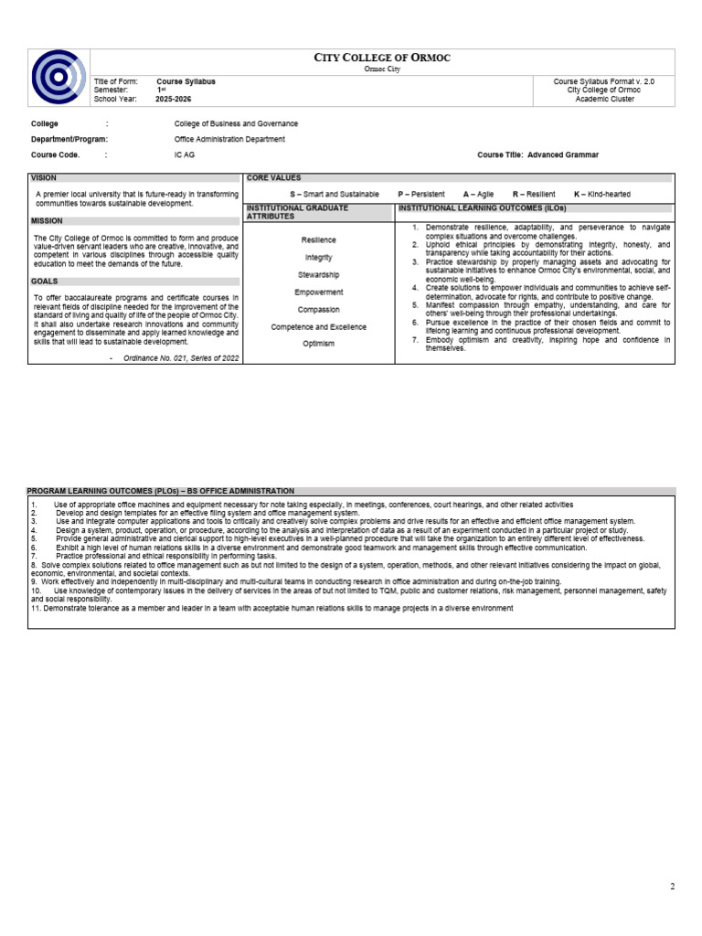 Advanced Grammar Course Syllabus 2025-2026 | PDF | Communication | Word
