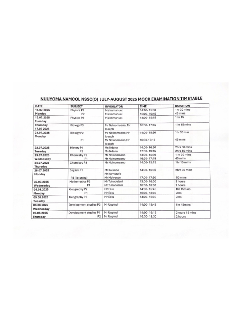 Nuuyoma Namcol NSSC (O) July-August 2025 Mock Examination Timetable | PDF