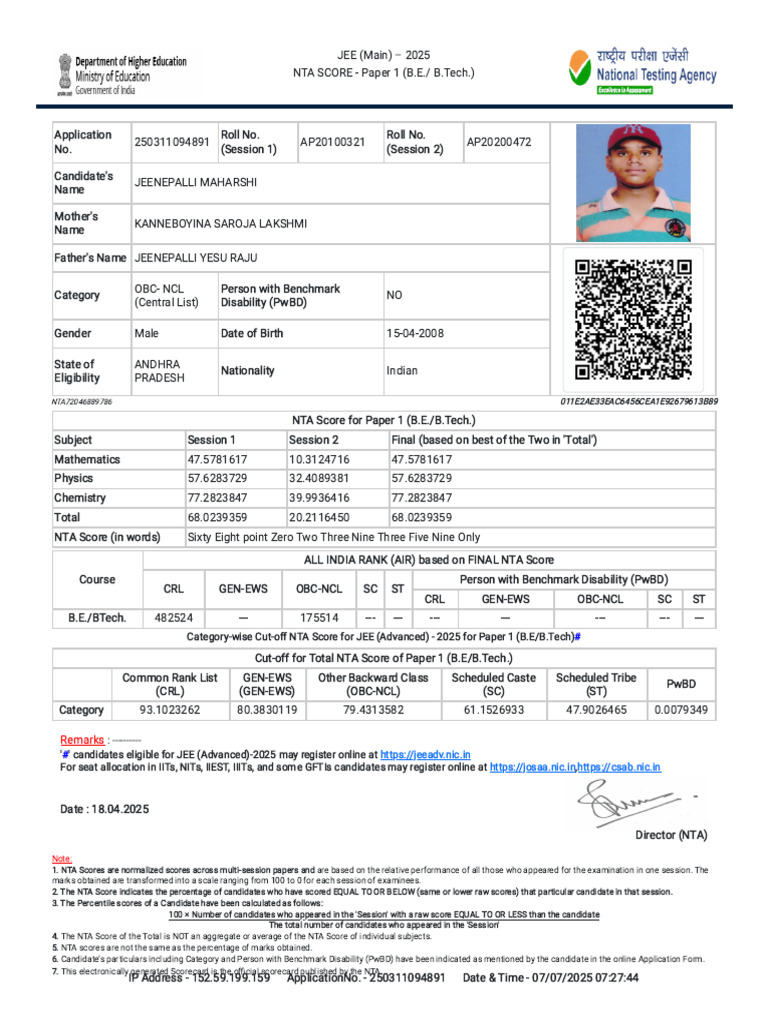 JEE Main 2025 NTA Scorecard Details | PDF | Tests | Student Assessment ...