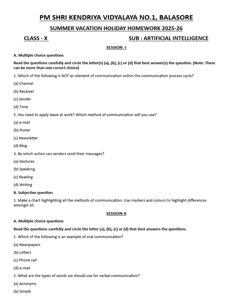 Holiday Homework Class-X (Ai) | PDF | Communication | Nonverbal ...