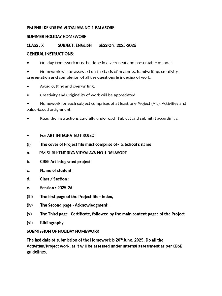 Class 10 Holiday Homework 2025-2026 | PDF