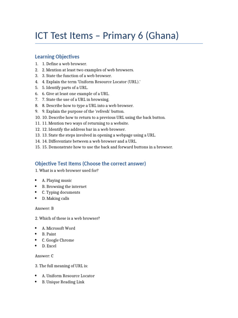 ICT Test Primary6 | PDF | World Wide Web | Internet & Web