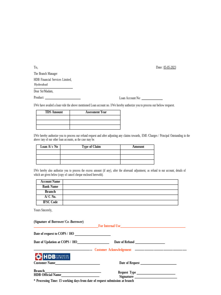 Tds Refund Request Form HDB | PDF