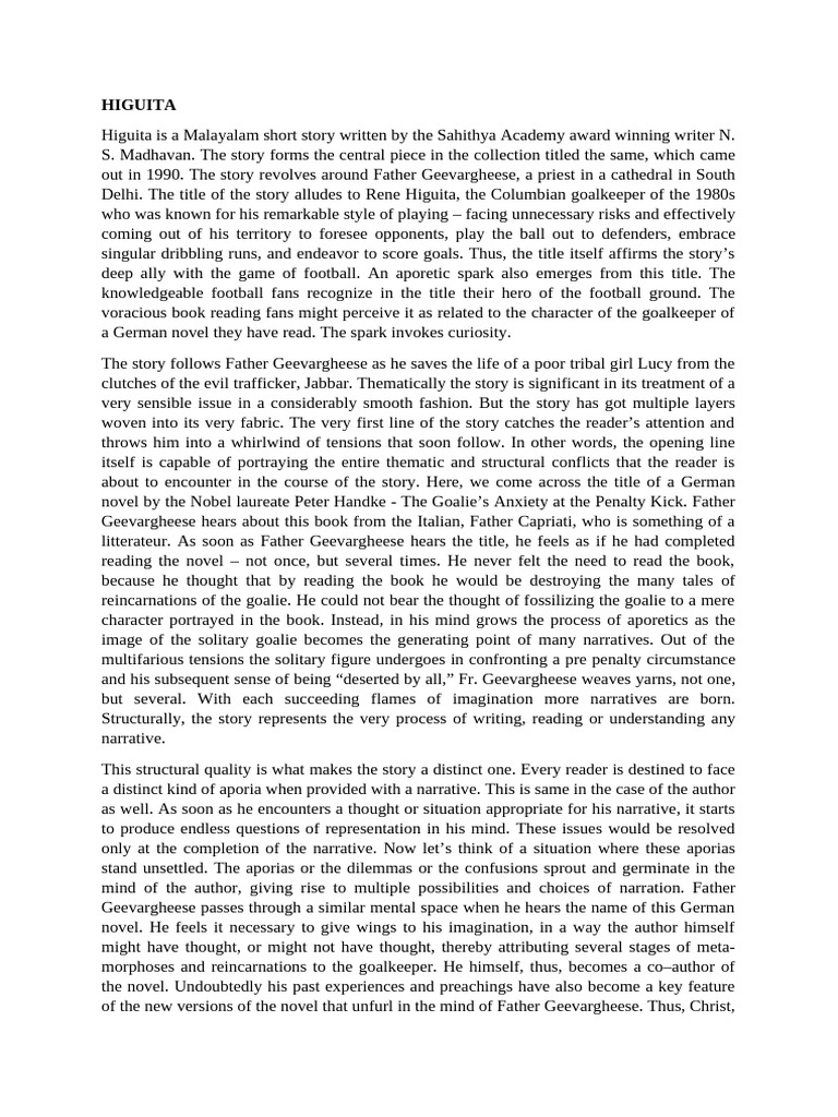 Higuita Is A Malayalam Short Story Written by The Sahithya Academy Award Winning Writer N | PDF ...