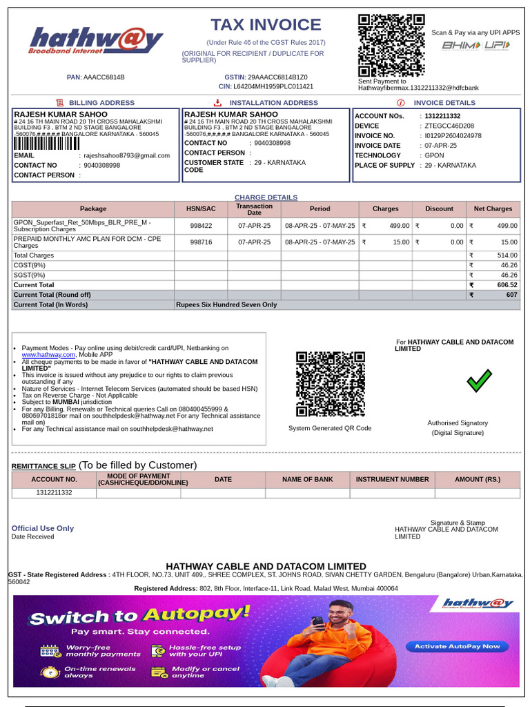 Tax Invoice for Hathway Services | PDF | Invoice | Payments