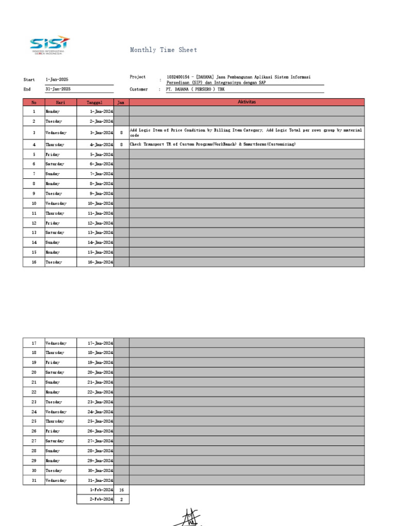 Time Sheet - ANDRIE YUWONO Jan 2025 | PDF