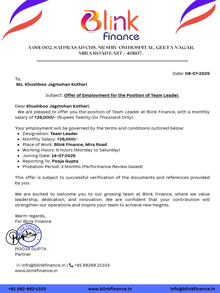 Khushboo Kothari Offer Letter | PDF