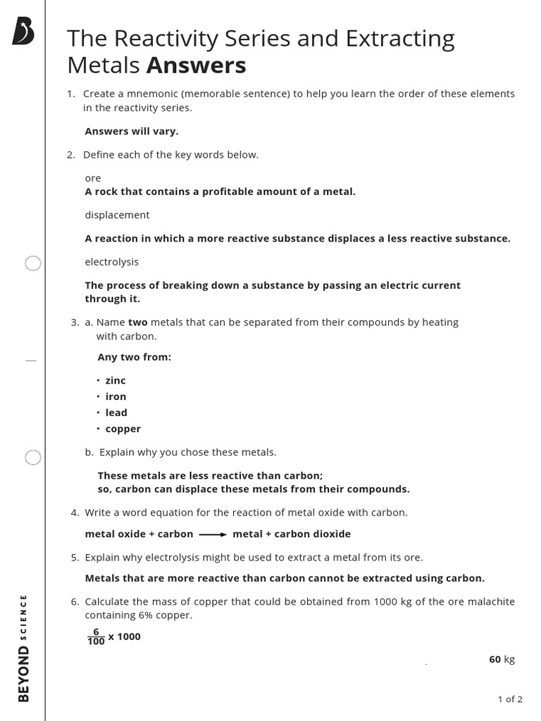 The Reactivity Series Homework Answers | PDF
