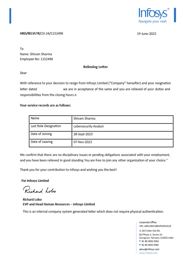 Infosys Relieving Letter for Shivam Sharma | PDF