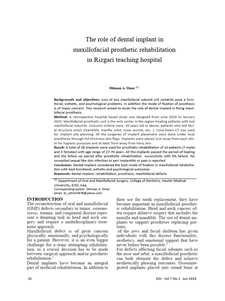 The Role of Dental Implant in Maxillofacial Prosth | PDF | Dental ...